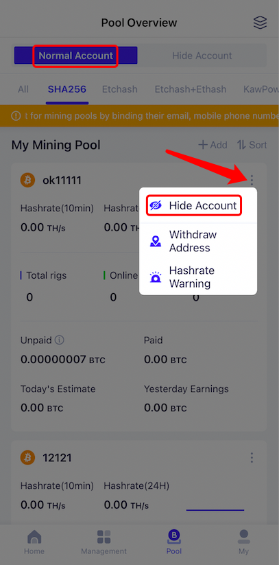App accounts-Hide/Show mining accounts – OKMINER
